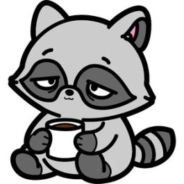 tired raccoon with coffee