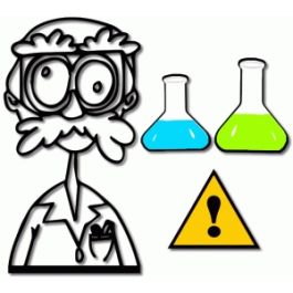 mad scientist with beakers and caution sign