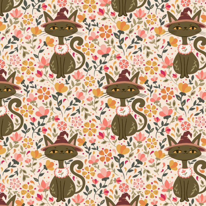 Cute Spooky Cottage Style Halloween Cat Pattern
